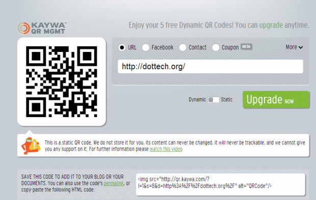 [Web] Create dynamic and static QR codes with Kaywa | dotTech