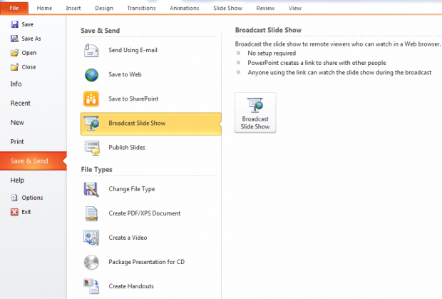 How to broadcast your PowerPoint 2010 (or later) presentation [Windows ...